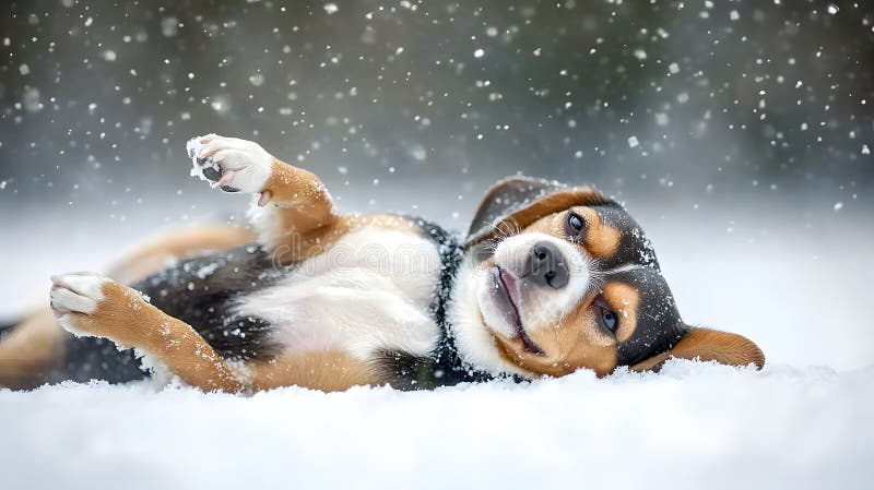 Beagle Joyfully Rolling in Fresh Snow, Enjoying Winter Wonderland Stock ...