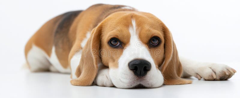 The Beagle Lying Comfortably on a White Background with a Relaxed ...