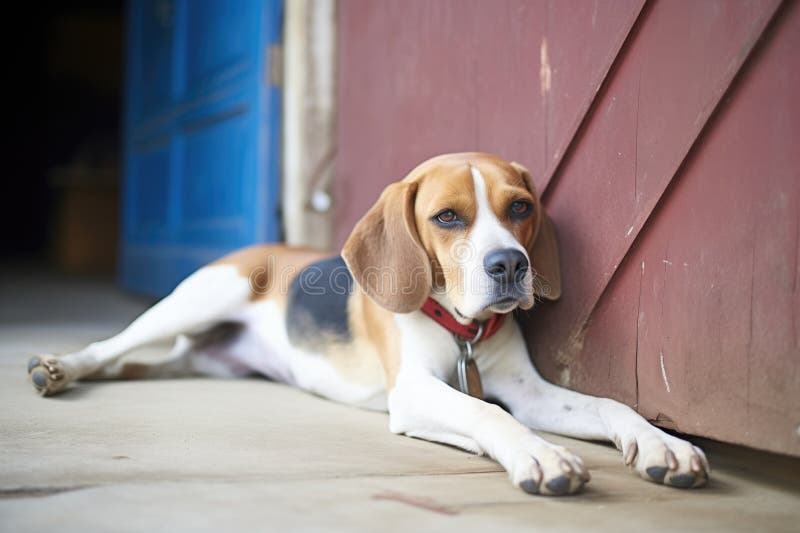 Beagle Lying Down at the Threshold of a Barn Door Stock Illustration ...