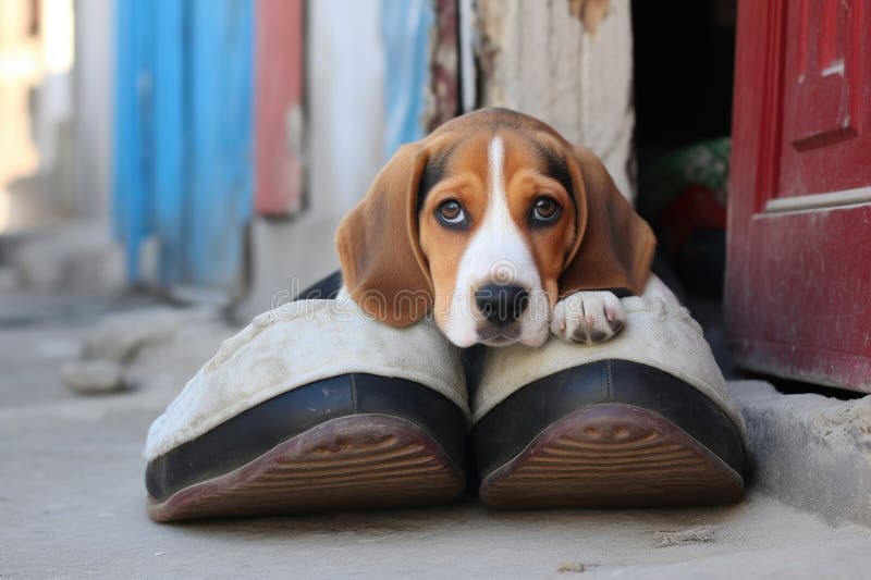 A Beagle Puppy Hiding Behind a Pair of Giant Slippers Stock Image ...