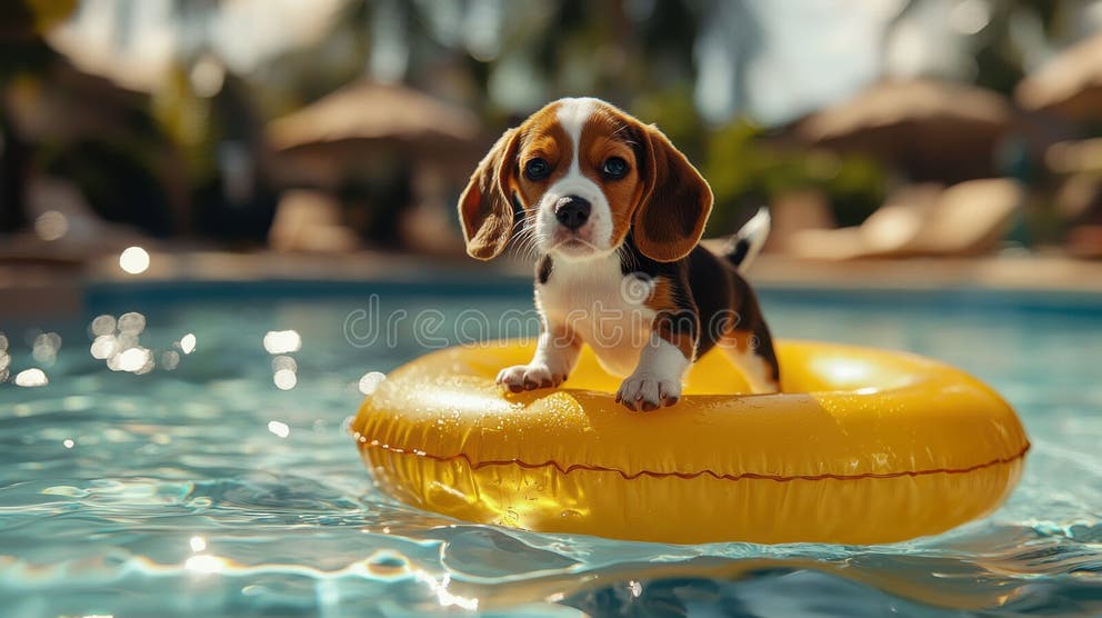 Beagle Puppy Standing on Yellow Pool Float in Sunny Poolside Setting ...