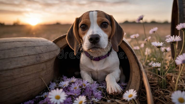 Adorable Beagle Puppy Hiding in Wooden Barrel at Sunset Stock ...