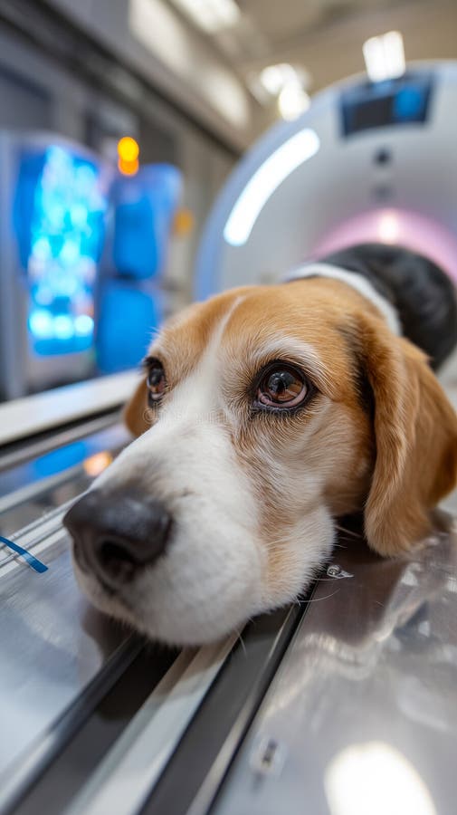 Beagle Resting Patiently on the Table of an Advanced MRI or CT Scanner ...