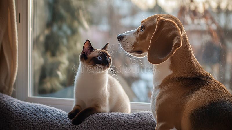 Beagle and Siamese Cat Sitting Together by Window, with the Beagle ...