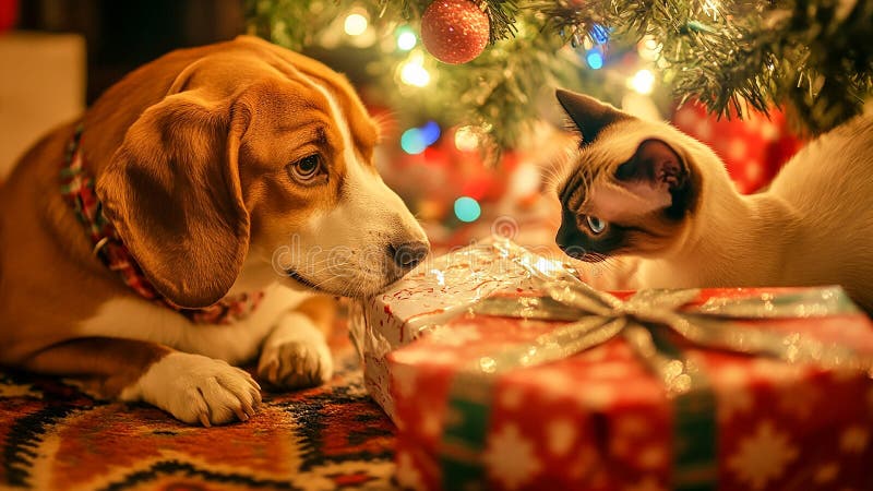 Beagle and Siamese Cat Unwrapping Christmas Presents Under Decorated ...