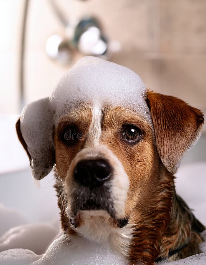 Beagle Enjoying a Bubble Bath in a Cozy Bathroom Setting Stock ...