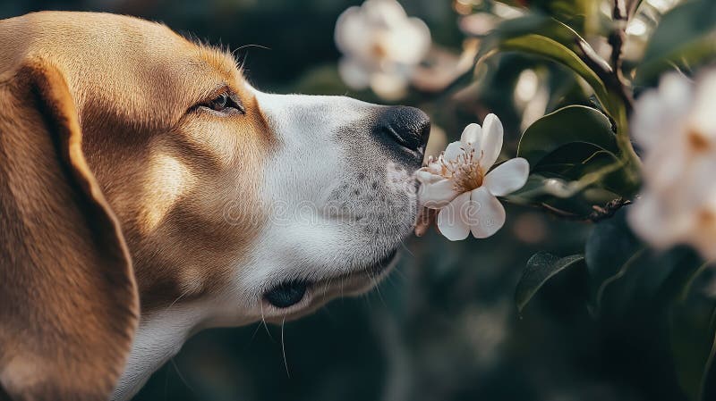 Beagle Sniffing Flower, Garden, Sunlight, Spring, Pet Stock Image ...