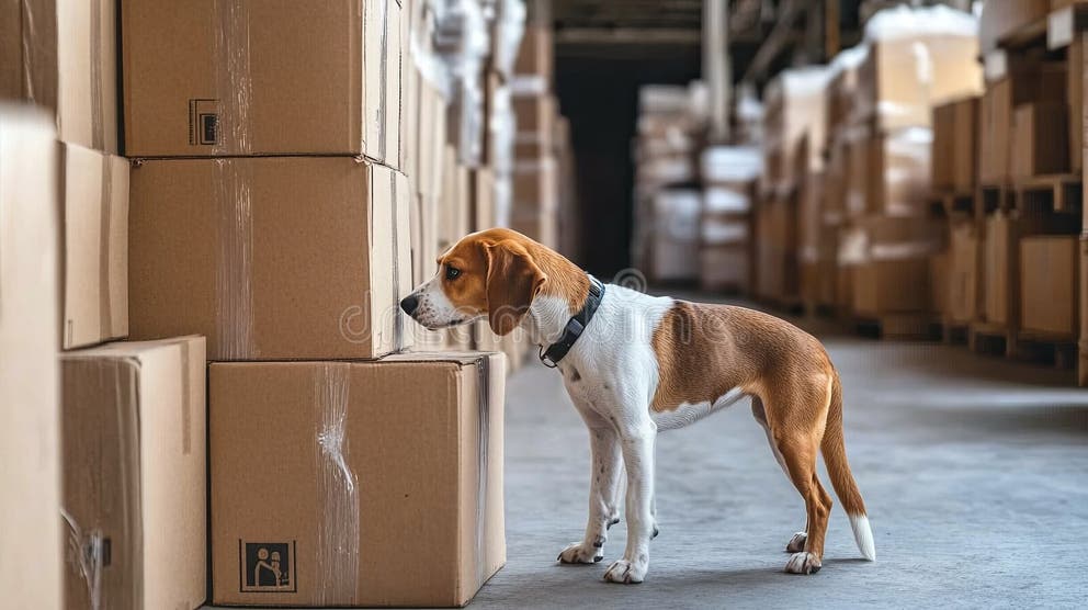 A Beagle Sniffing a Stack of Delivery Boxes in a Warehouse Setting ...