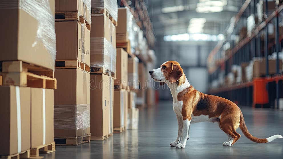 A Beagle Sniffing a Stack of Delivery Boxes in a Warehouse Setting ...