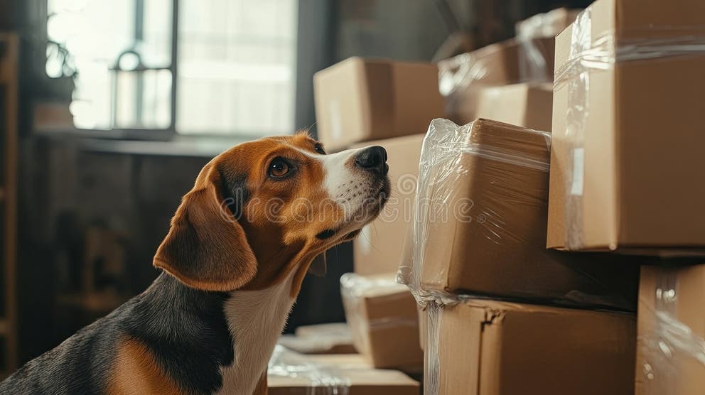 A Beagle Sniffing a Stack of Wrapped Parcels in a Delivery Office Stock ...