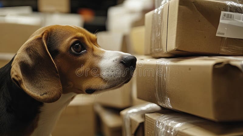 A Beagle Sniffing a Stack of Wrapped Parcels in a Delivery Office Stock ...