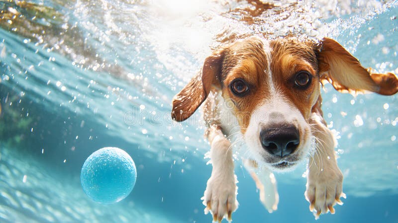 Beagle Swimming Underwater, Focused on Floating Blue Ball, Showcasing ...