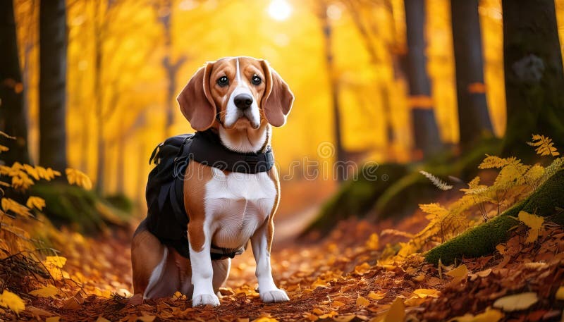 A Beagle Wearing a Backpack Stands on a Forest Trail, Ready for an ...