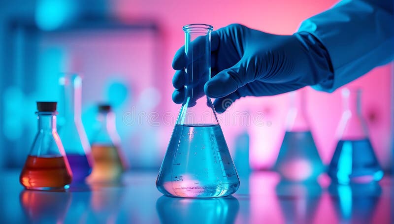 Beaker with Formula in Laboratory, Colorful Chemicals, Blue and Pink ...