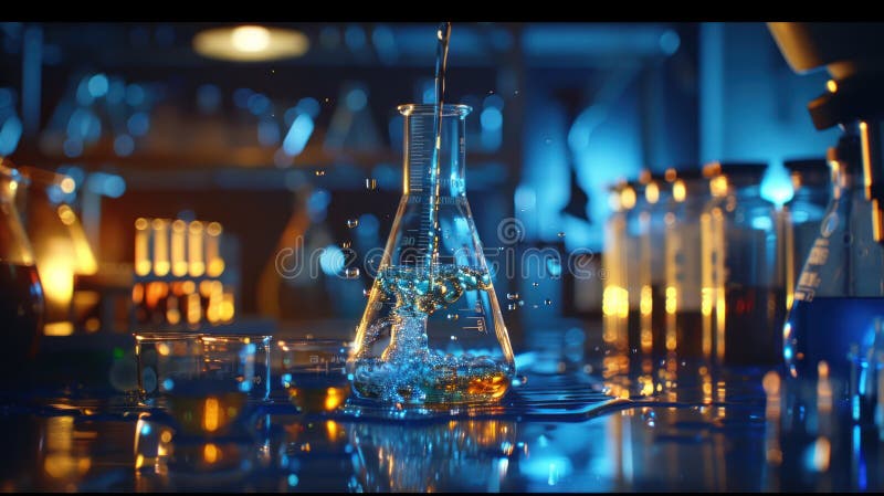 A Beaker Surrounded by Scientific Instruments, with Liquid Being Poured ...