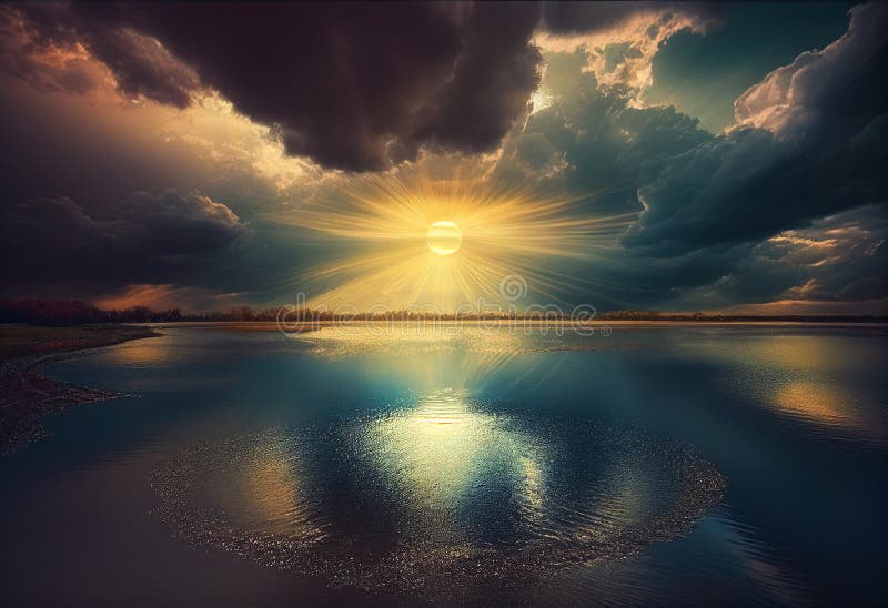 A Beam of Light Breaks through Menacing Clouds at Sunset on the Sea ...