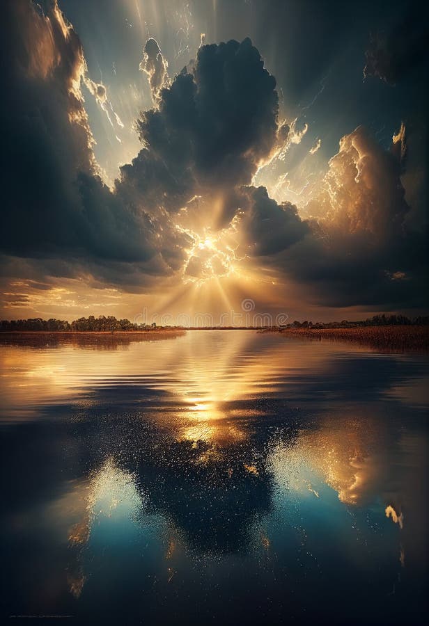 A Beam of Light Breaks through Menacing Clouds at Sunset on the Sea ...