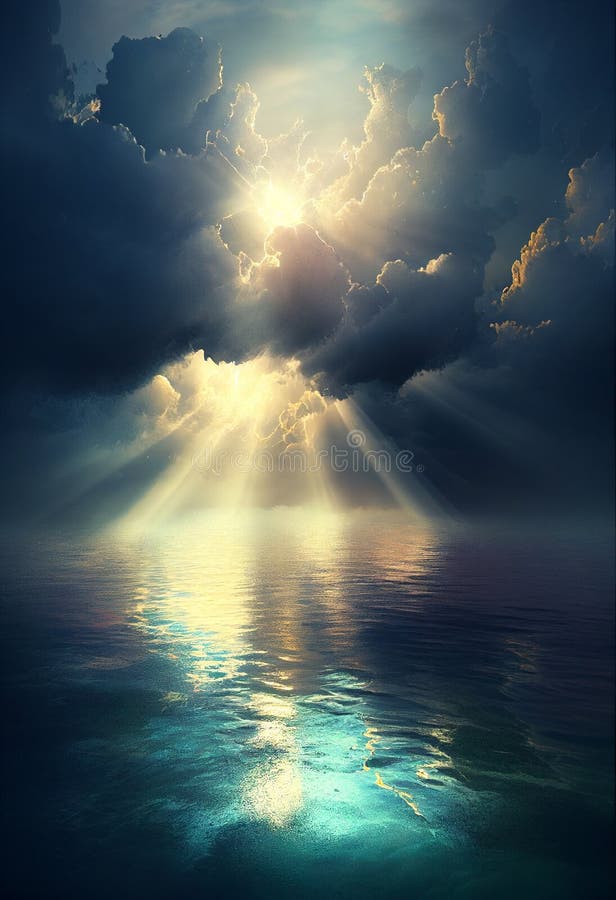 A Beam of Light Breaks through Menacing Clouds at Sunset on the Sea ...