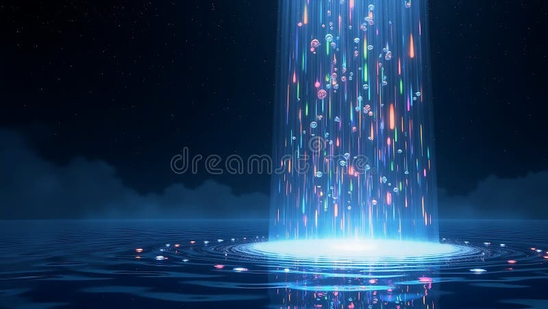 A Beam of Light Shines Down on the Water with Bubbles in the Night and ...