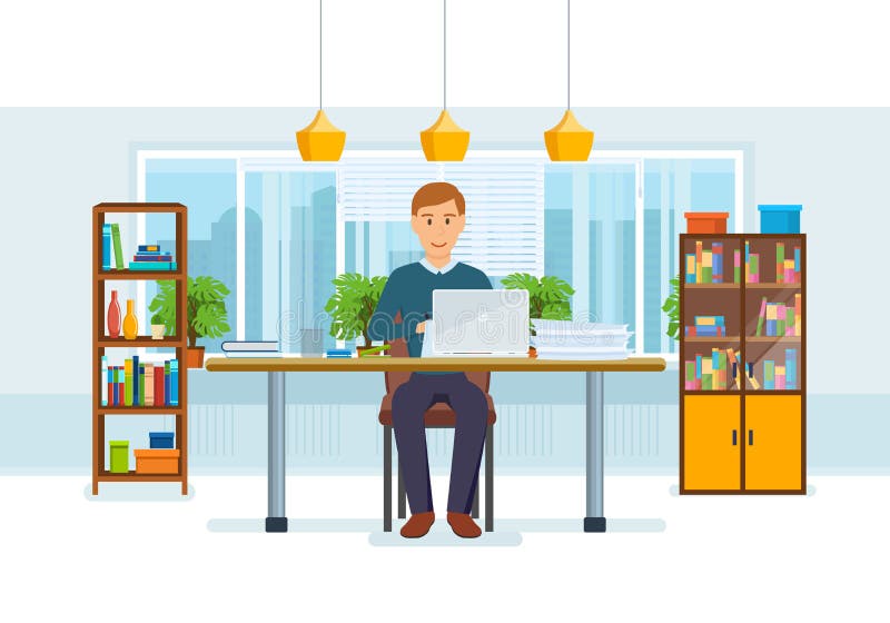 Beambte, De Werken Achter Laptop Met Project En Informatie Vector ...