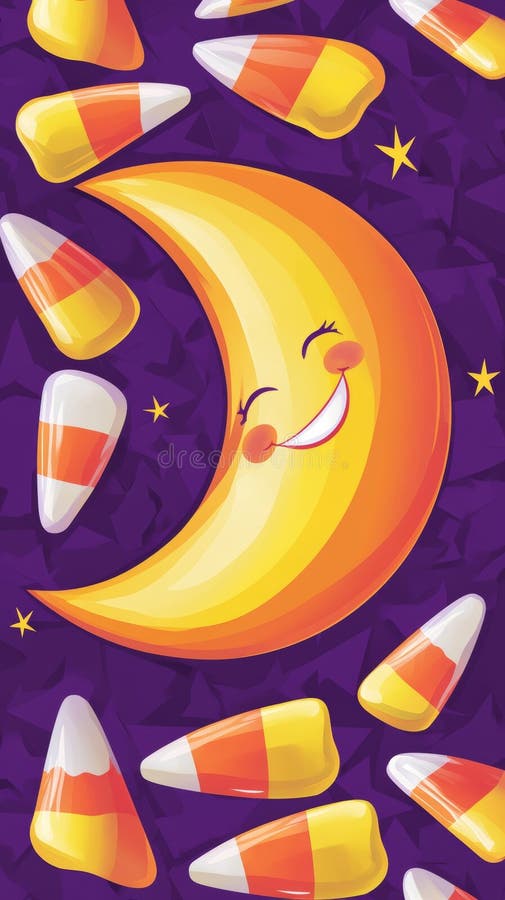 A Beaming Crescent Moon with a Smile, Nestled among Candy Corn and ...