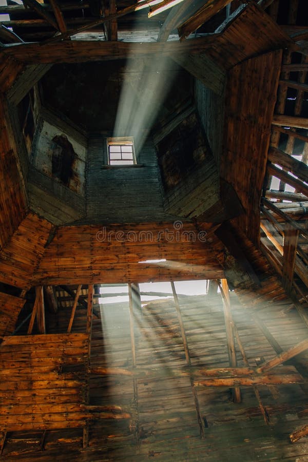 Beams of Light in Old Abandoned Wooden Church Stock Image - Image of ...