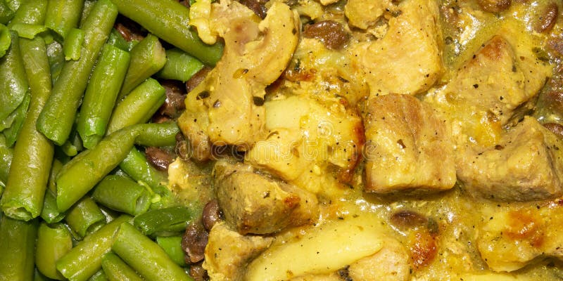 Beans with Meat Dish Top View.Meat with String Beans Background. Stock ...