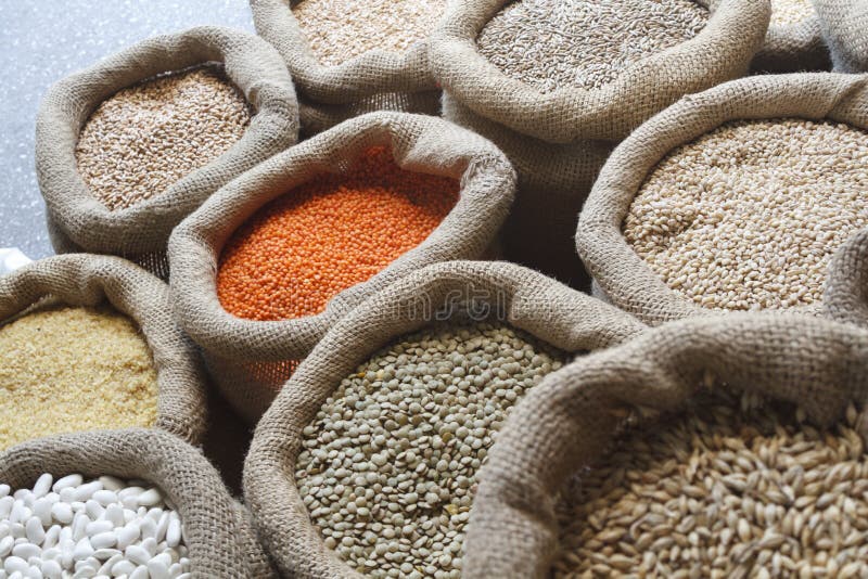 Beans, Rice, Lentils, Oats, Wheat, and Barley in Jute Sack Stock Image ...