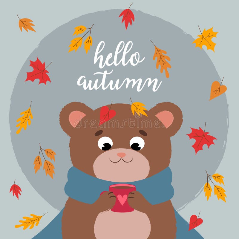 Lettering Hello Autumn. Postcard with a Cute Bear Stock Vector - Illustration of cute, postcard ...