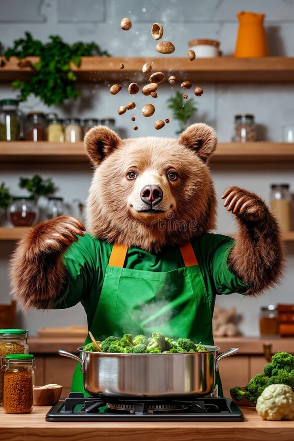A Bear in an Apron Cooking Food in a Kitchen Stock Image - Image of ...