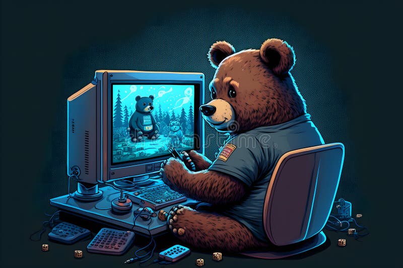 Bear As Video Game Live Stream Gamer Use PC Computer for Entertainment ...