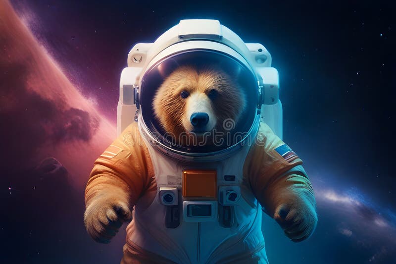 Bear Astronaut in a Spacesuit with a Helmet in Outer Space Against the ...
