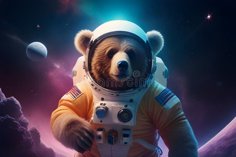 Bear Astronaut in a Spacesuit with a Helmet in Outer Space Against the ...