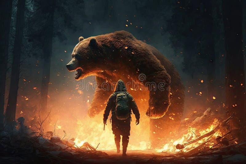 Bear Attacks Hunter, Who is Burning Alive in Forest Fire Stock Photo ...