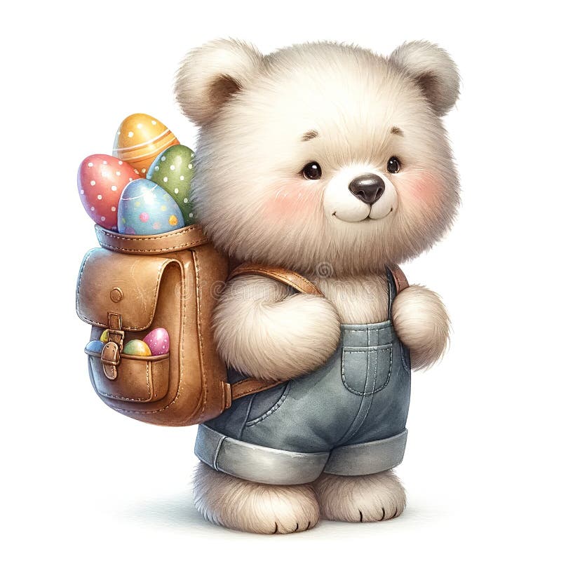 Bear with a Backpack and Easter Eggs. Watercolor Illustrations on a ...