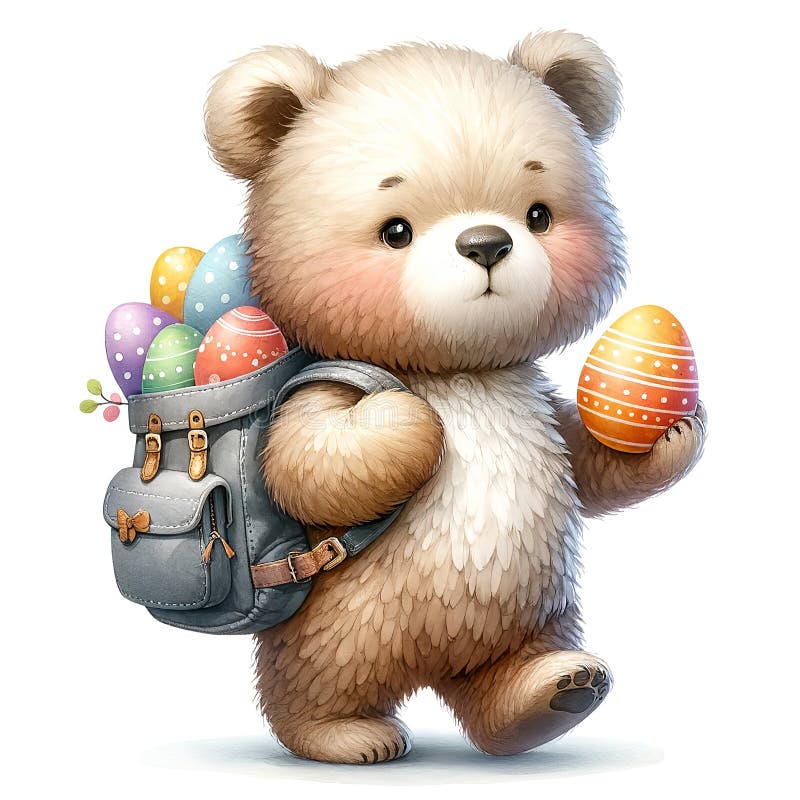 Bear with a Backpack and Easter Eggs. Watercolor Illustrations on a ...