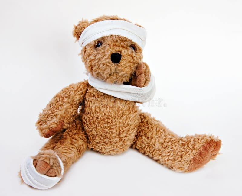 Teddy Bear with Bandages on Red Background Stock Photo - Image of bear ...