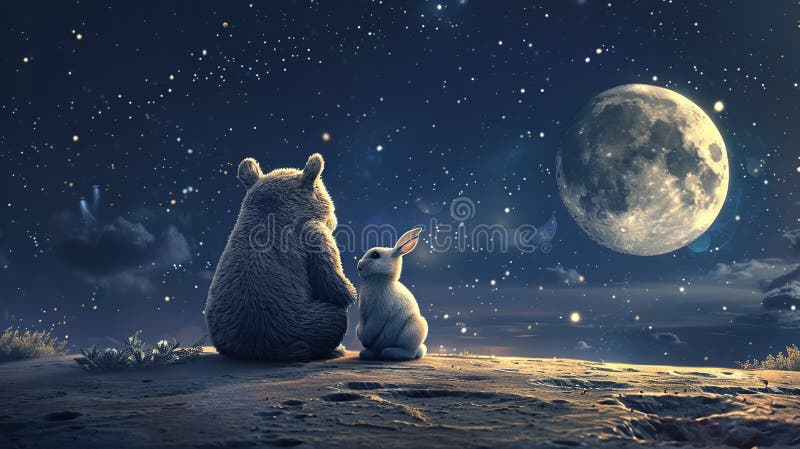 Bear and Bunny Sitting on the Moon. Generative Ai Stock Illustration ...
