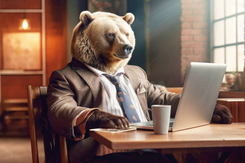 A Bear in a Business Suit is Working on a Laptop Stock Illustration ...