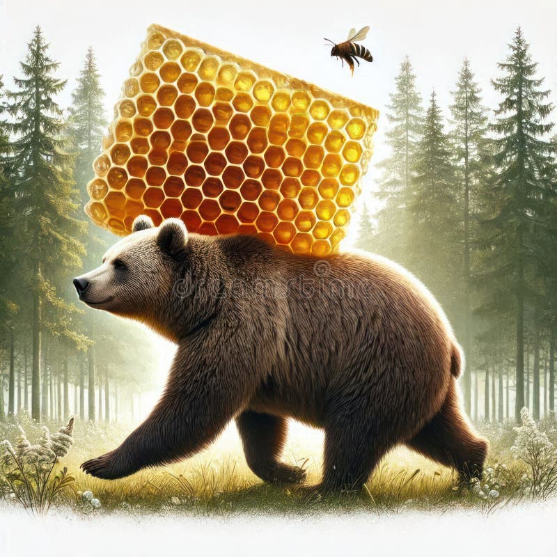 A Bear Carries a Honeycomb on Its Back in the Forest. Stock Image ...