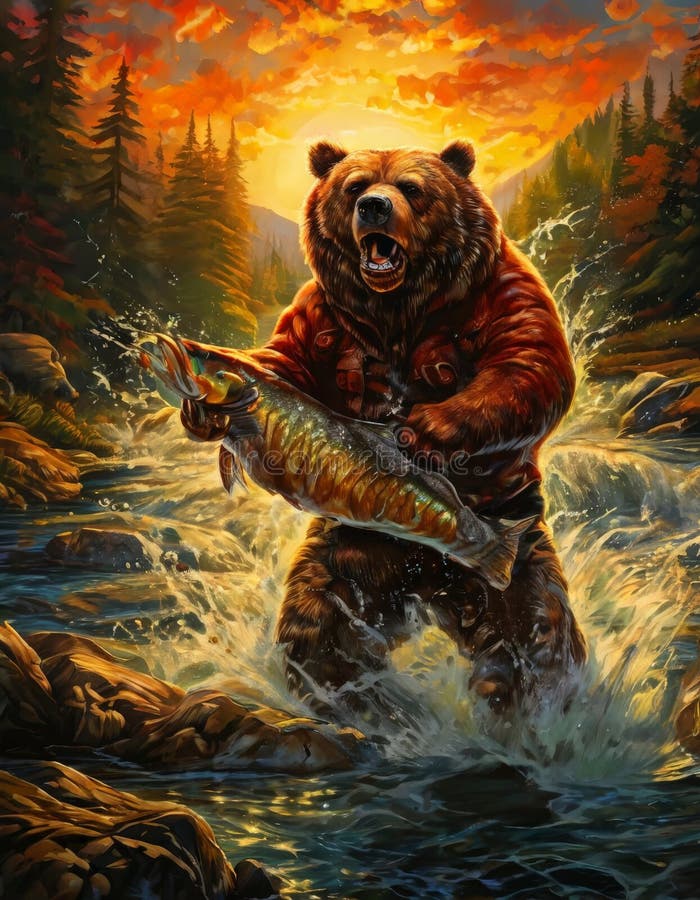 Bear Catching Fish in Dynamic River at Sunset Stock Image - Image of ...