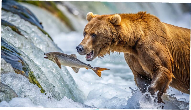 A Bear Catching a Fish in Its Jaws As it Leaps from a River Stock ...