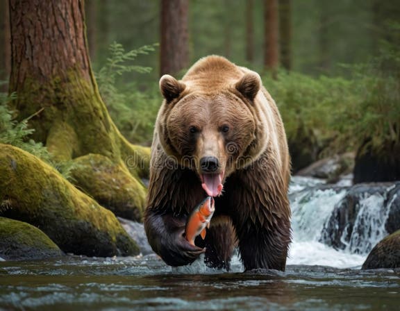A Bear Catching a Fish in the River. Generative Ai. Stock Photo - Image ...