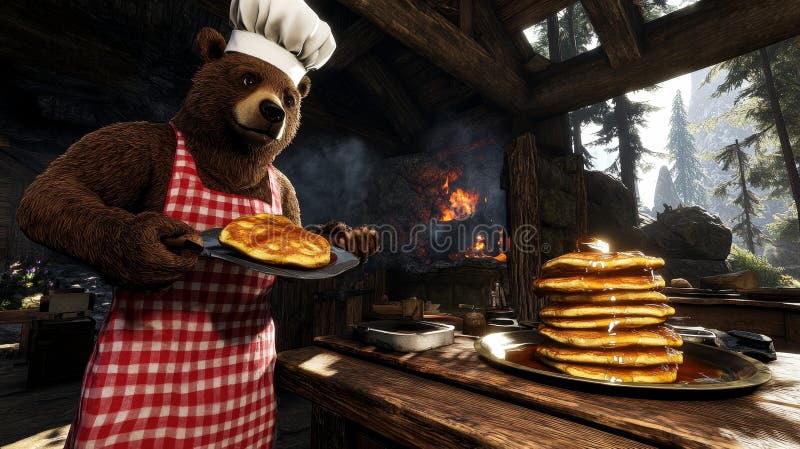 Bear Chef Cooking Pancakes in Rustic Kitchen with Forest View Stock Image - Image of griddle ...