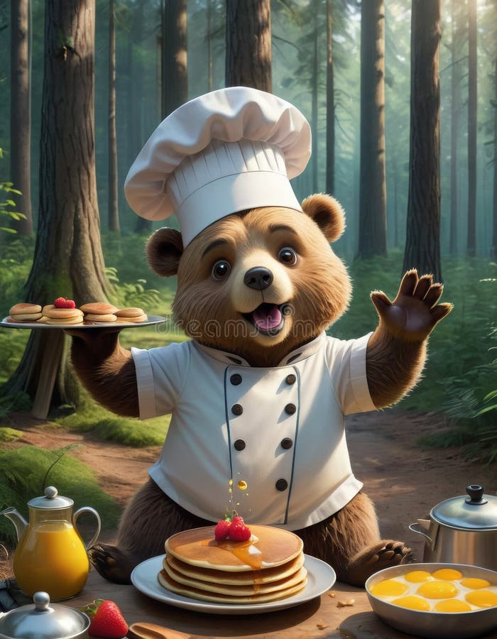 Bear Chef Serving Pancakes in Forest Stock Illustration - Illustration ...