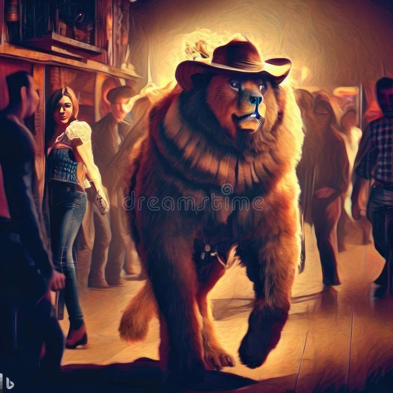 Bear in a Cowboy Hat in the Interior with People Stock Photo - Image of ...