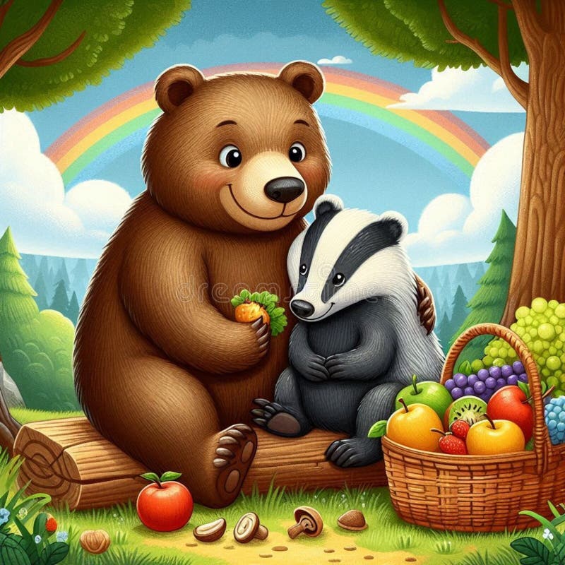 A Bear Cub and a Badger are Eating Fruit from a Basket in a Clearing in ...
