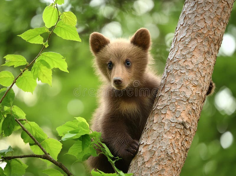 Bear Cub - Climbing a Tree with Green Leaves and Branches. AI Image ...