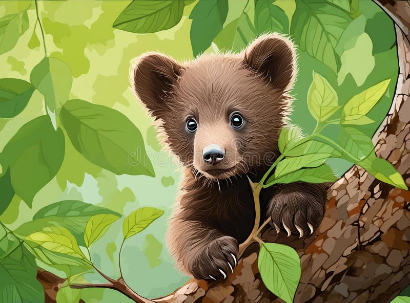 Bear Cub - Climbing a Tree with Green Leaves and Branches. Vector ...