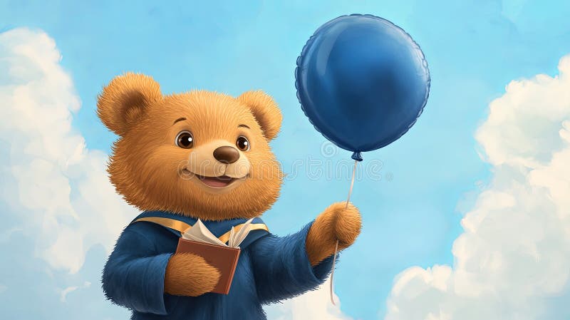 Bear Cub Holding Grad Balloon, Soft Cartoon Sky Background. Stock ...